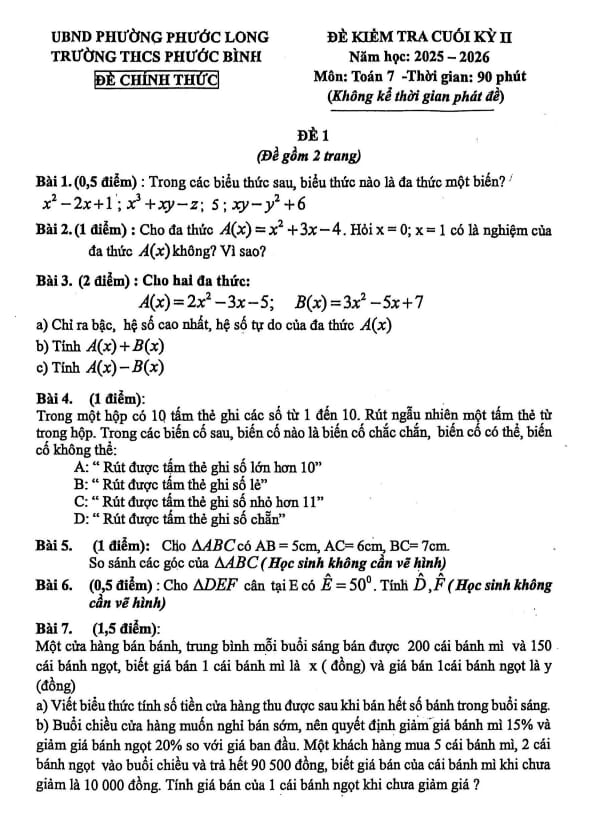 Học Toán: Đề Cuối Kỳ 2 Toán 7 Năm 2025 – 2026 Trường Thcs Hoa Lư – Tp ...